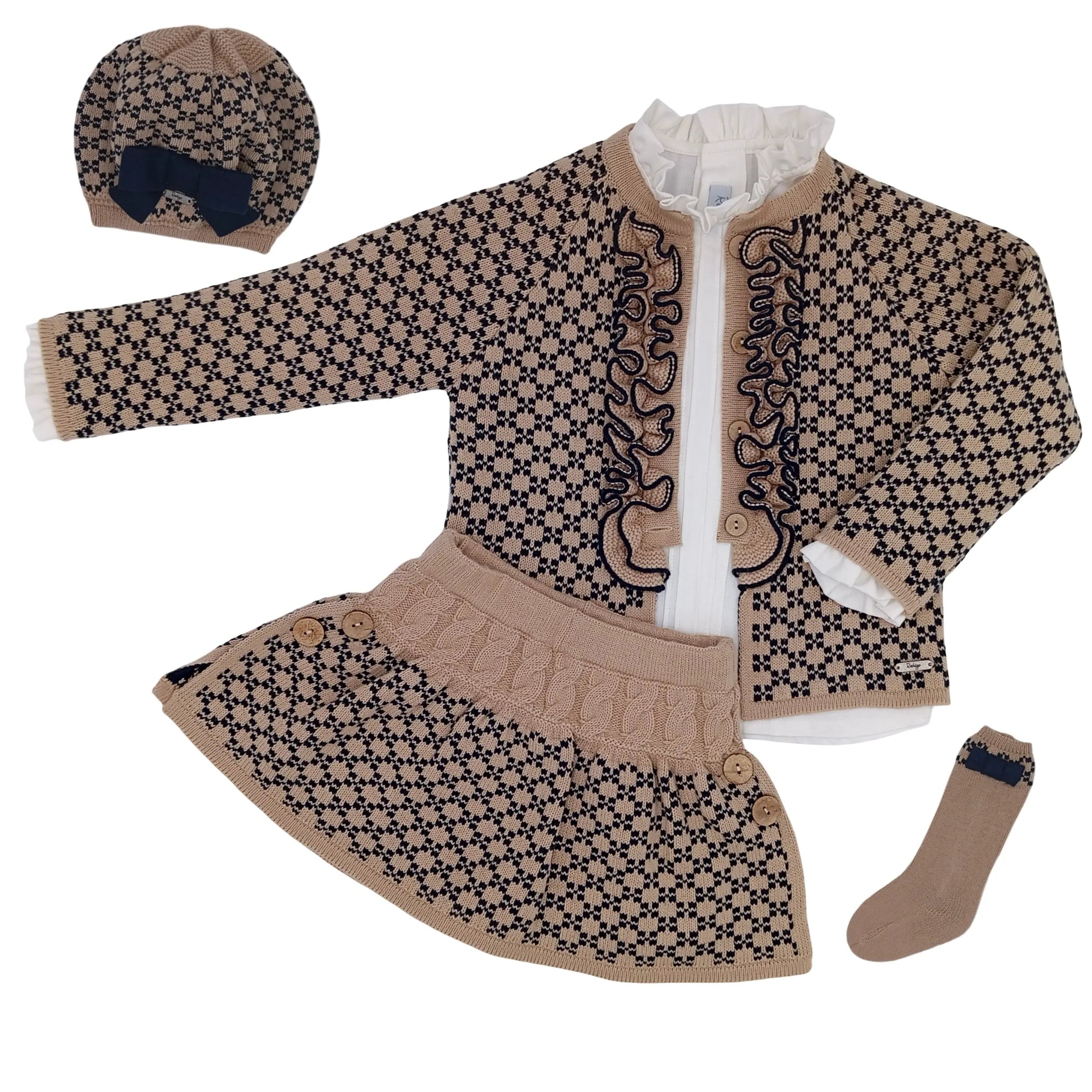 AW25 Rahigo Camel & Navy Girls Set, Socks & Beret Hat